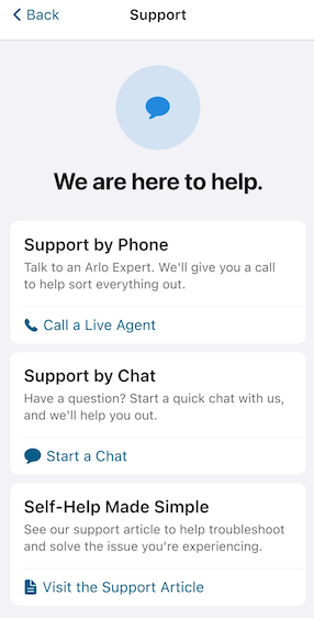 Support Center in the Arlo Secure App