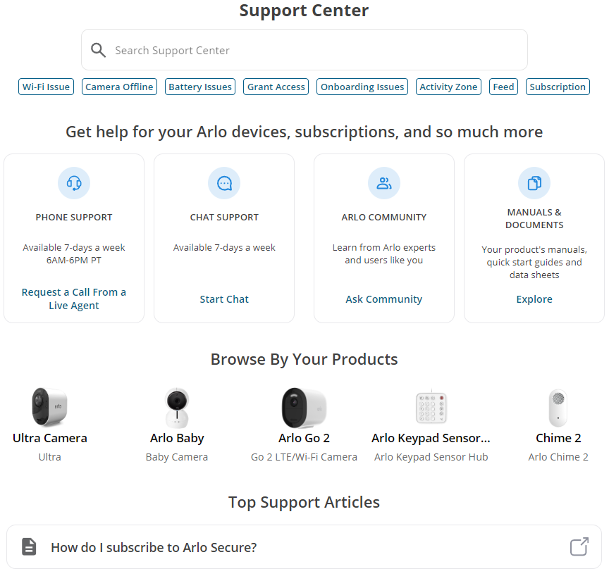 Support Center on my.arlo.com